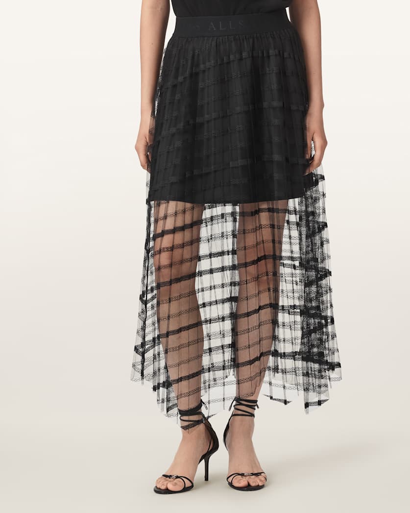 Celia Sheer Overlay Midi Skirt Black | ALLSAINTS
